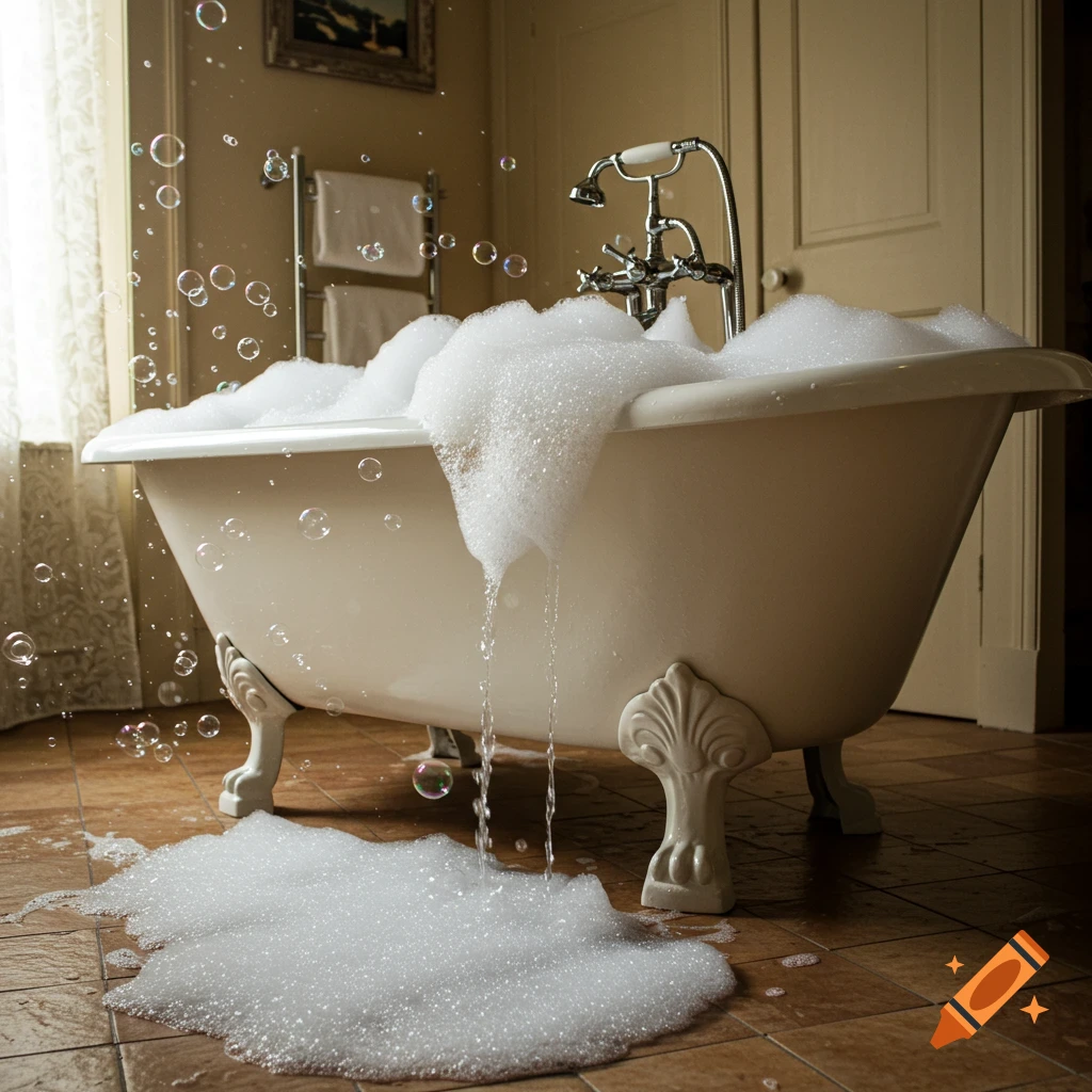 A clawfoot bathtub overflows with bubbles onto the floor in a bathroom ...