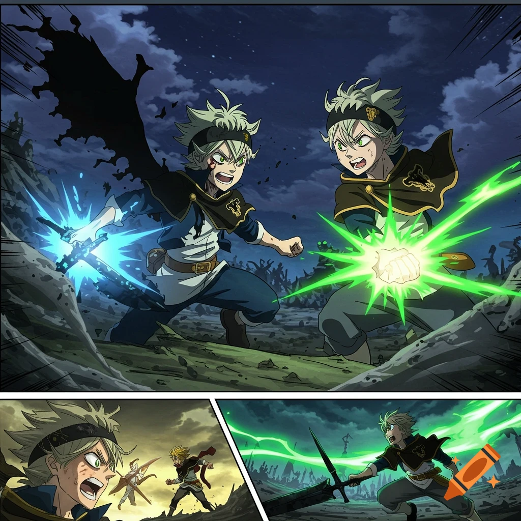 Black Clover style characters fighting with swords and magic in a rocky ...