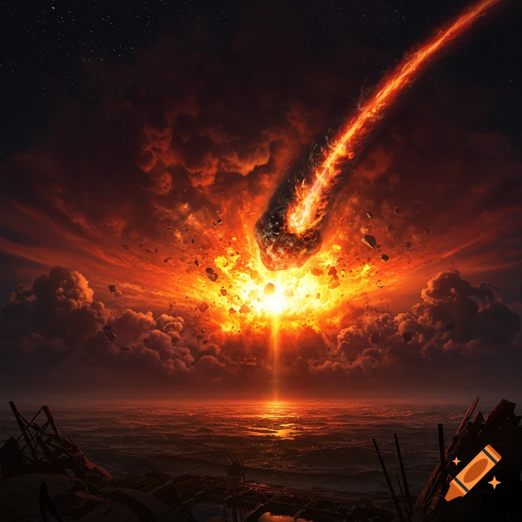 Fiery asteroid hitting the ocean, causing a large explosion and debris. on Craiyon