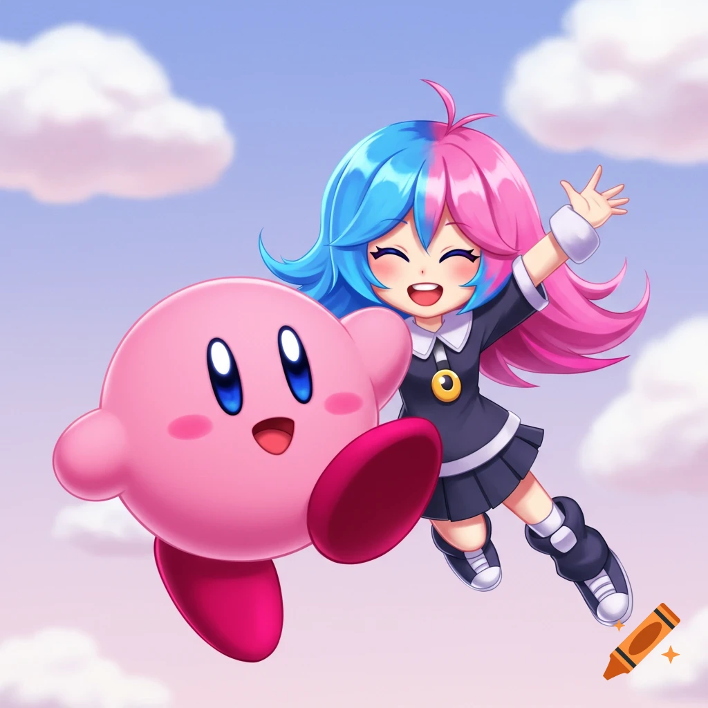 Pink cartoon character Kirby running in a colorful sky with clouds and ...