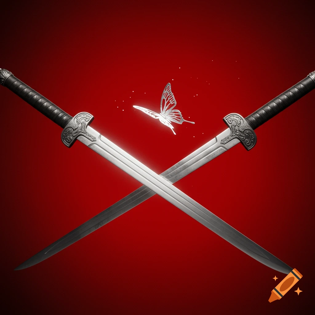 Crossed swords with a glowing red eye in the center. on Craiyon