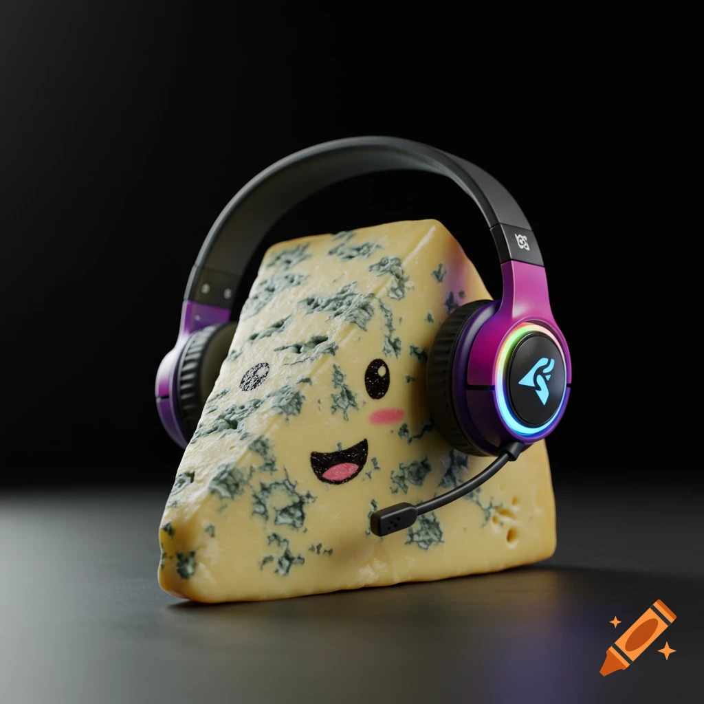 Moldy cheese wedge with smiling face and gaming headset on Craiyon