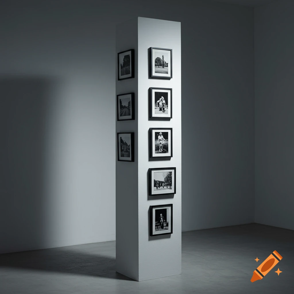 Framed black and white photographs displayed vertically on a tall white ...