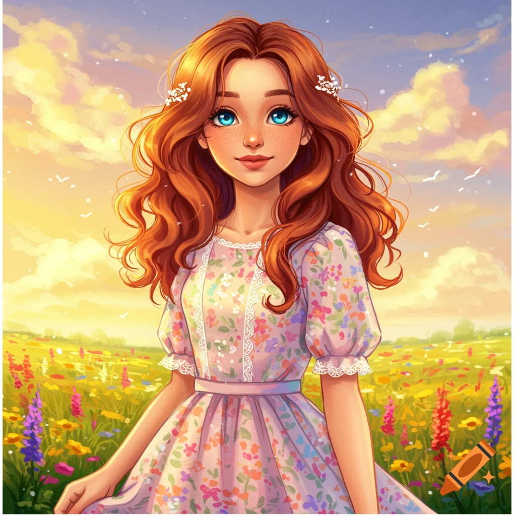 A young girl with red hair in a floral dress stands in a field of ...