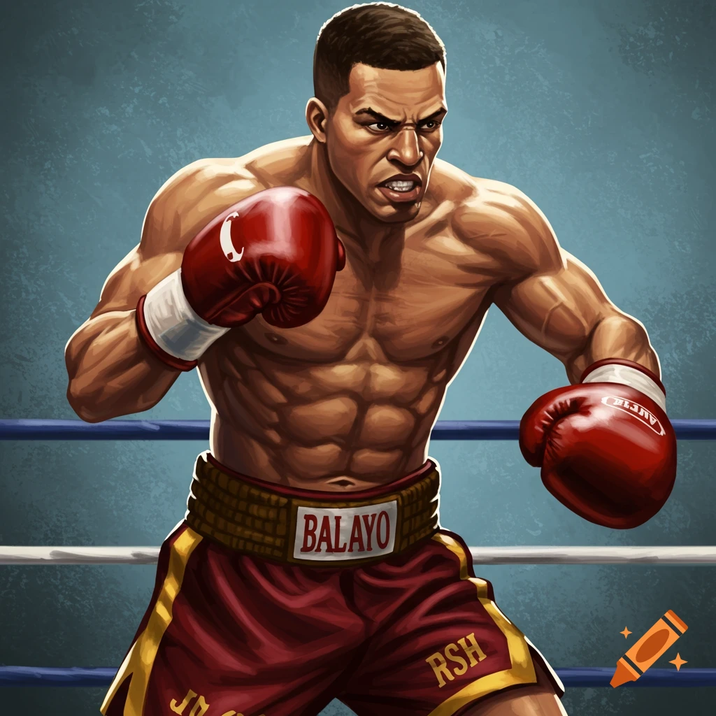 A muscular, sweaty boxer with red gloves leans on the ropes of a boxing ...