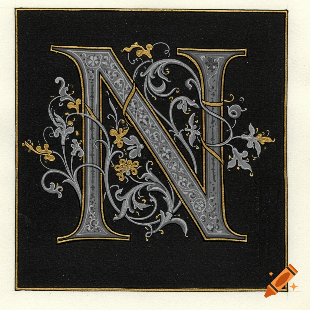 Monochromatic illuminated manuscript of the letter N on Craiyon