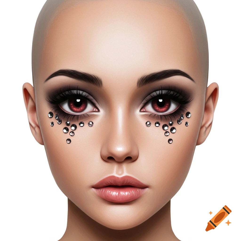 Doll-like woman with rhinestones and dramatic makeup on Craiyon
