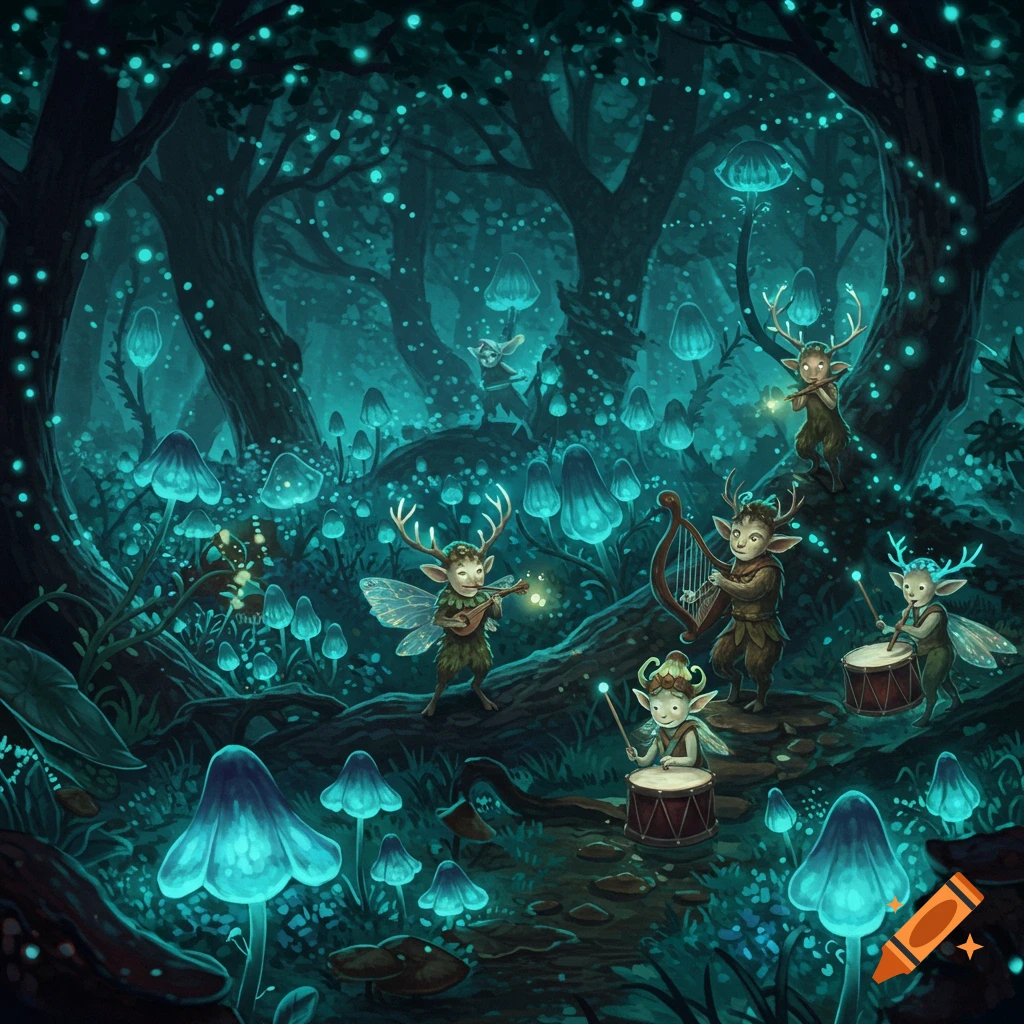A fantasy forest with glowing mushrooms and small creatures playing music. on Craiyon
