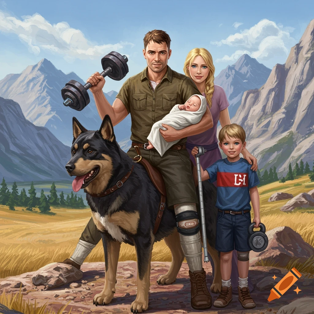 Man riding a dog, holding a baby, with family and mountains on Craiyon