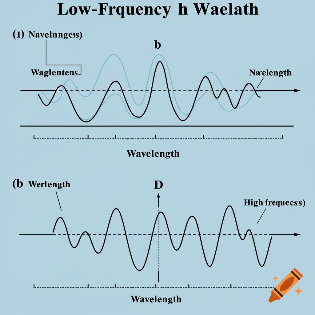 Diagram of high and low frequency waves with wavelength labels on Craiyon