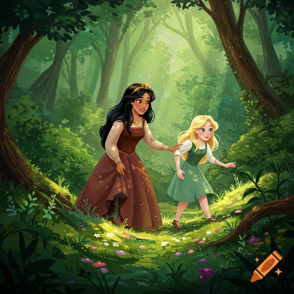Disney-esque forest scene with princess and blonde youth on Craiyon
