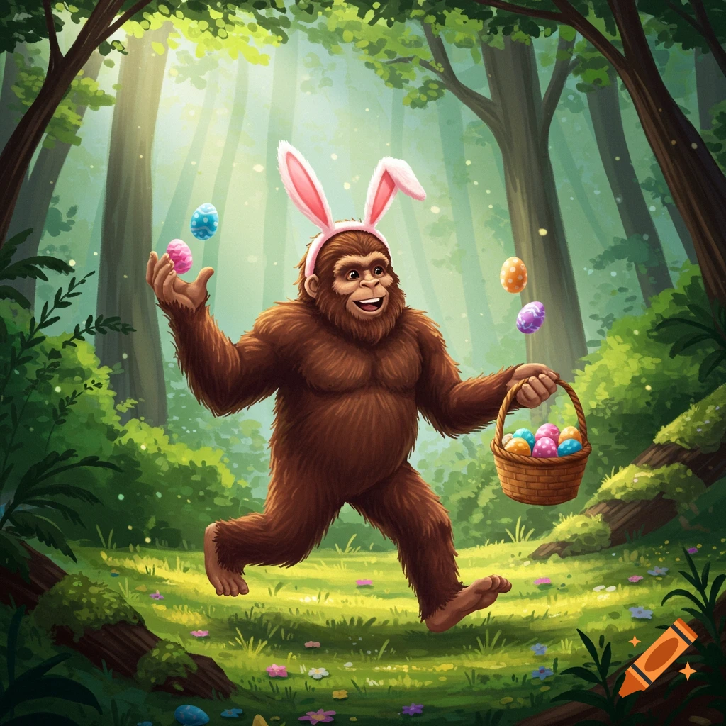 Sasquatch with Easter bunny ears skipping in the woods with Easter eggs ...