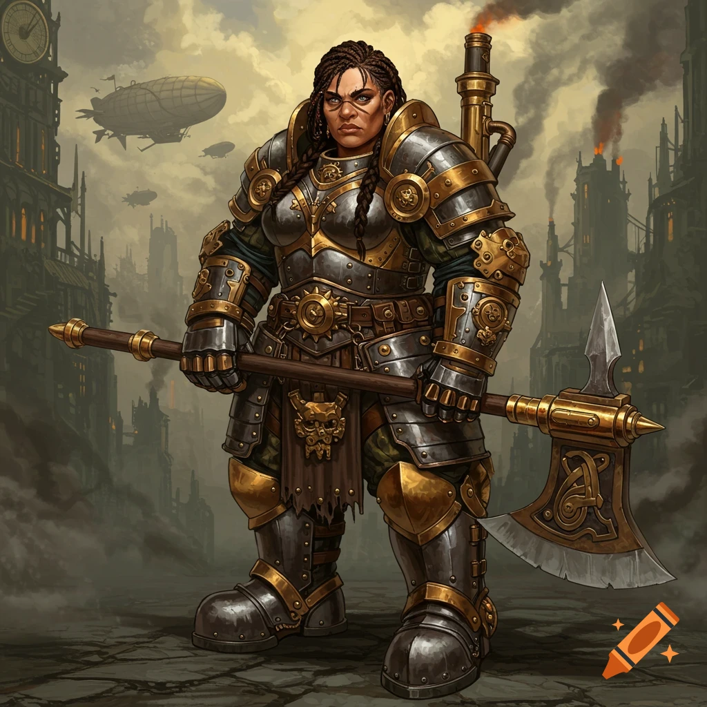 Female dwarf in steampunk armor holding an axe in a city. on Craiyon
