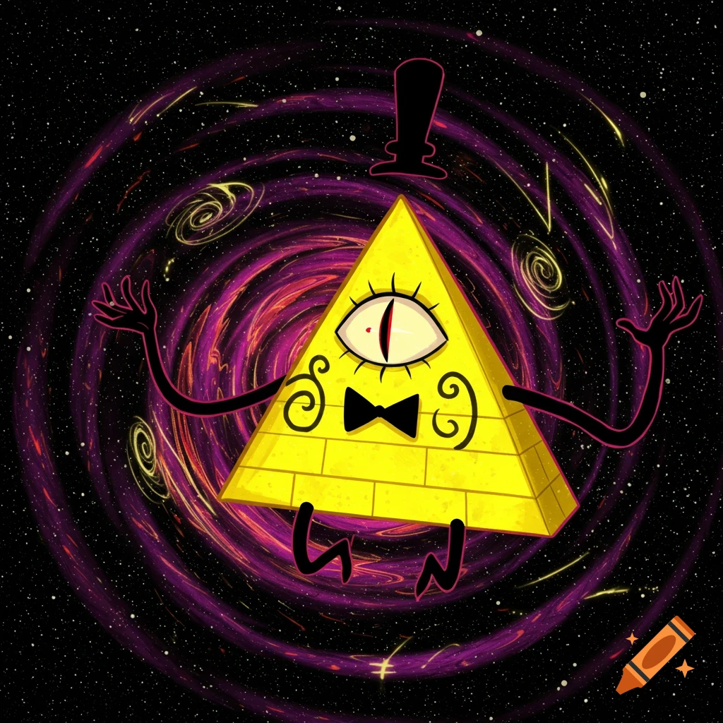 Bill Cipher, the yellow triangle cartoon character, floating in a ...