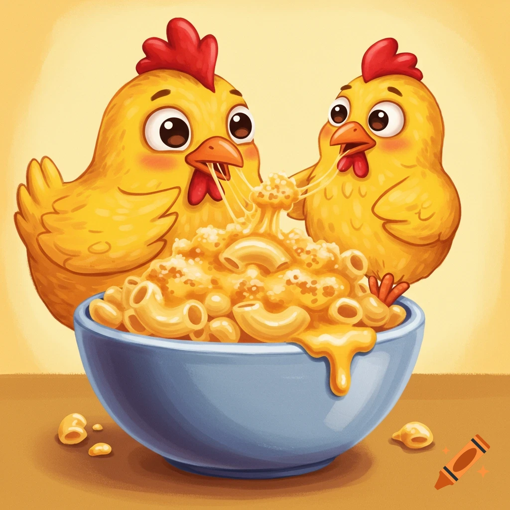 Two cartoon chickens eating a large bowl of mac and cheese. on Craiyon