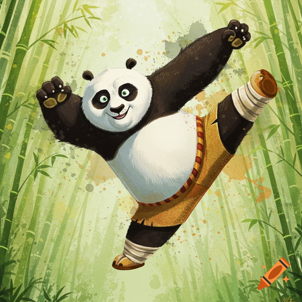 Kung fu panda kick in air in watercolor style on Craiyon
