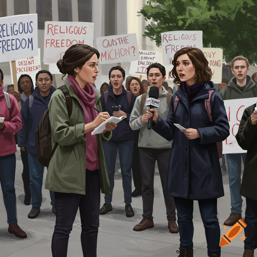 Journalist interviewing religious freedom protestor, taking notes and ...