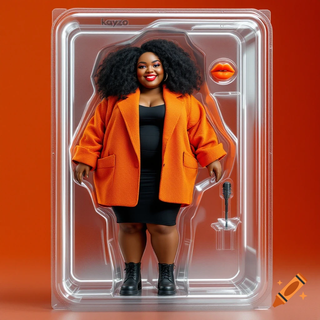 3D action figure of Lizzo-like character in packaging on Craiyon