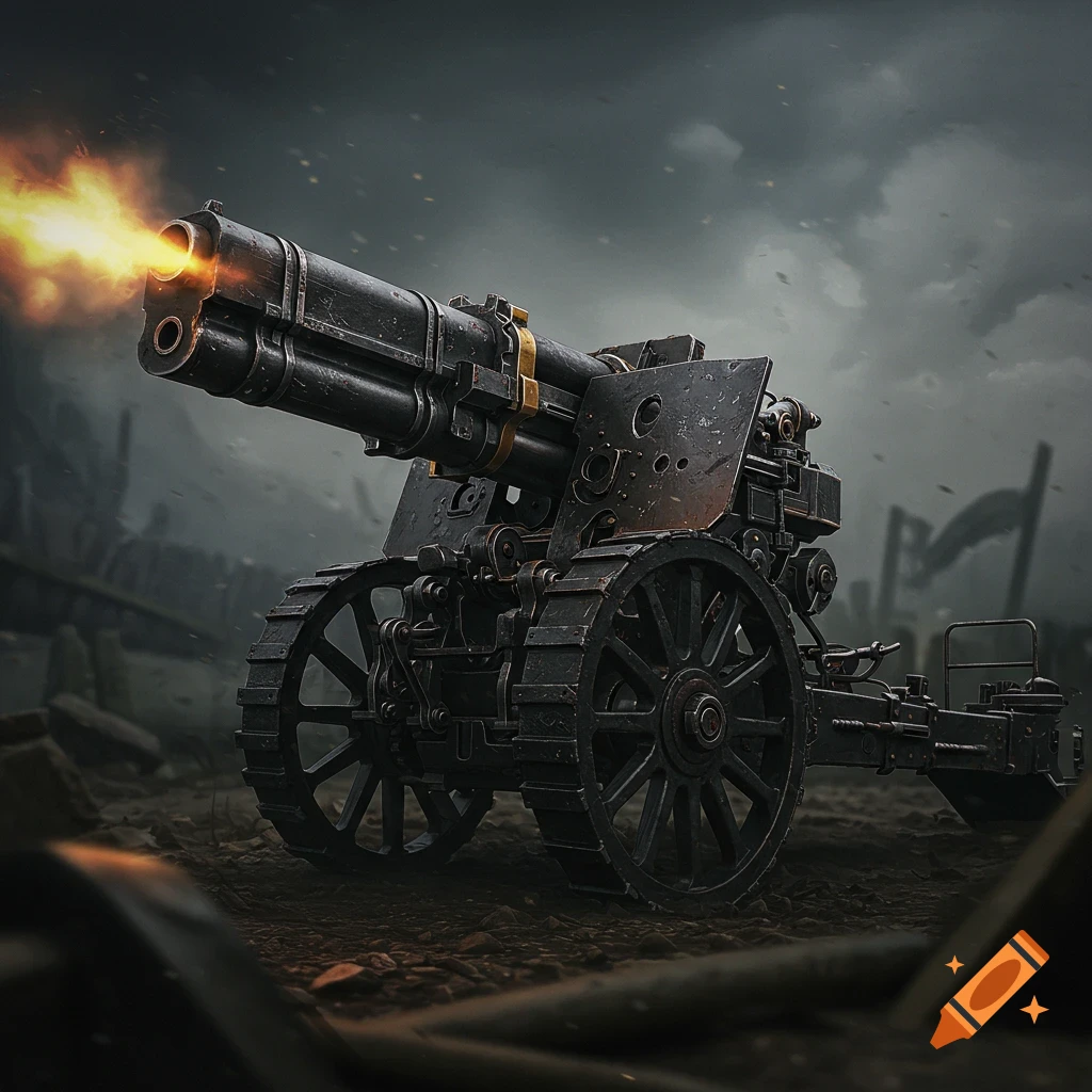 A large, olive green artillery cannon is mounted on a massive concrete ...