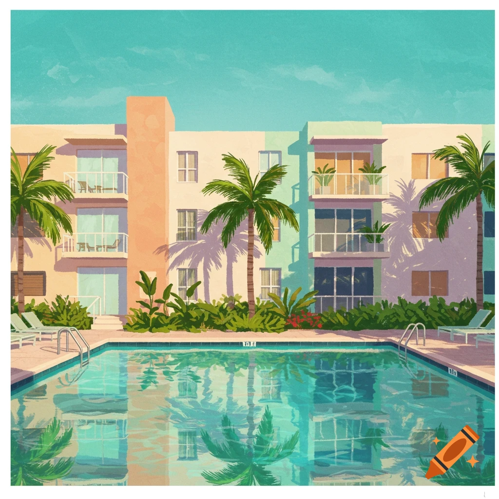 A tropical condo building next to a pool with palm trees. on Craiyon