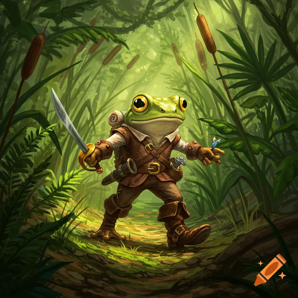 Frog pirate with sword in reeds on Craiyon