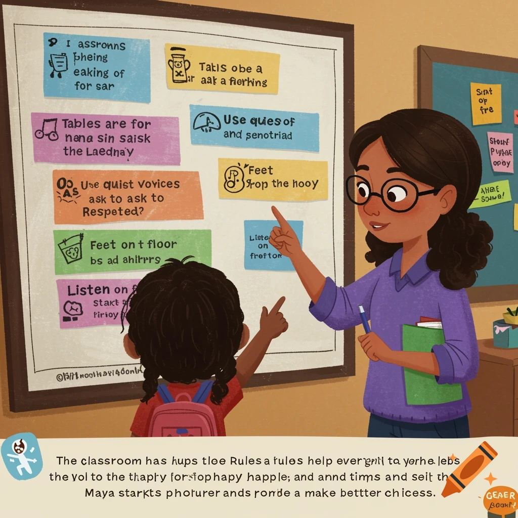Maya and teacher viewing a colorful classroom poster with rules on Craiyon