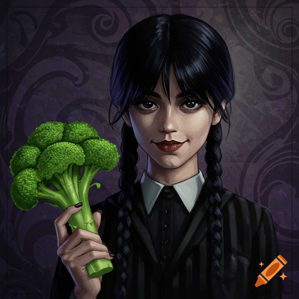 A girl resembling Wednesday Addams holding a large head of broccoli. on ...