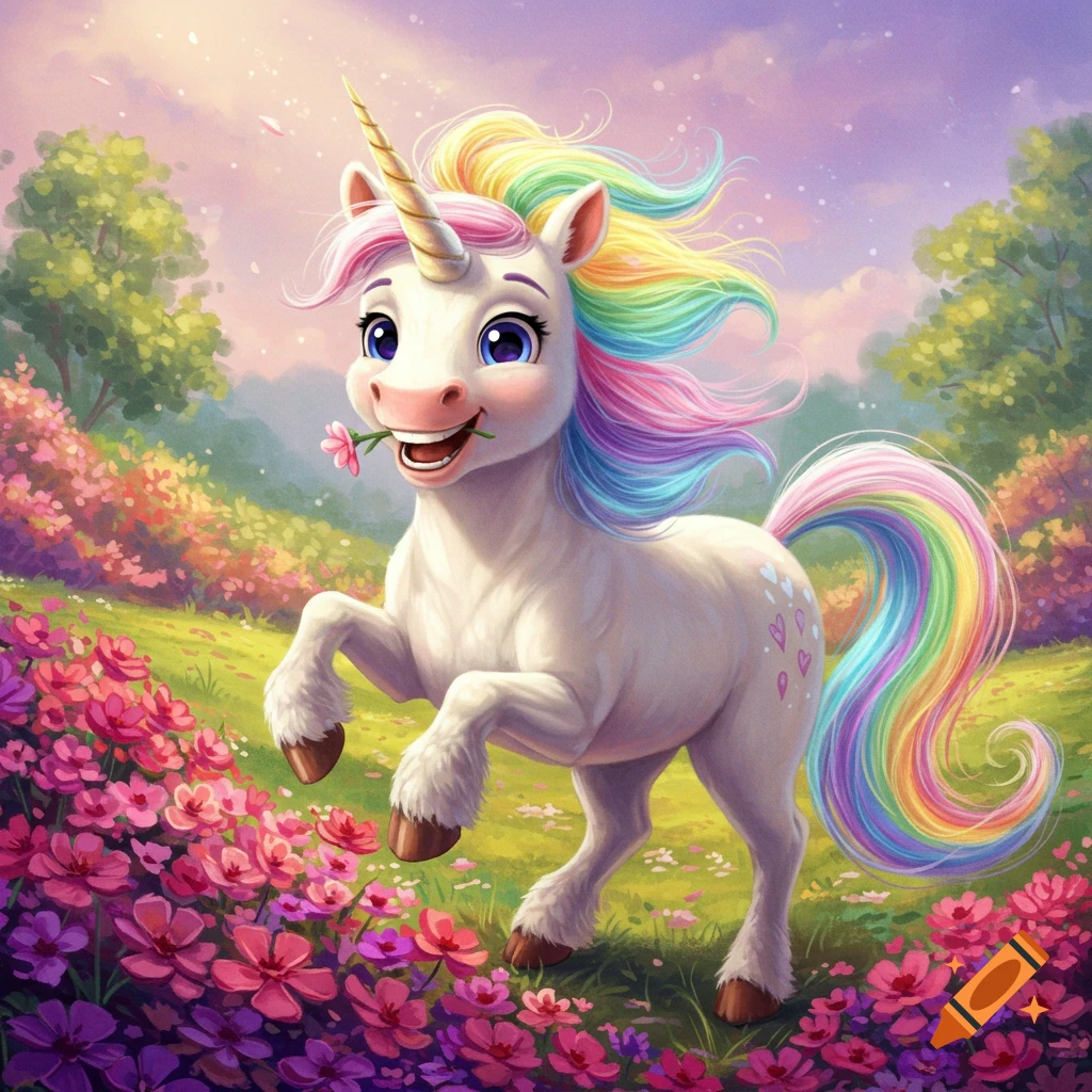 A penguin wearing a top hat rides a white unicorn with a rainbow mane and tail through a field ...