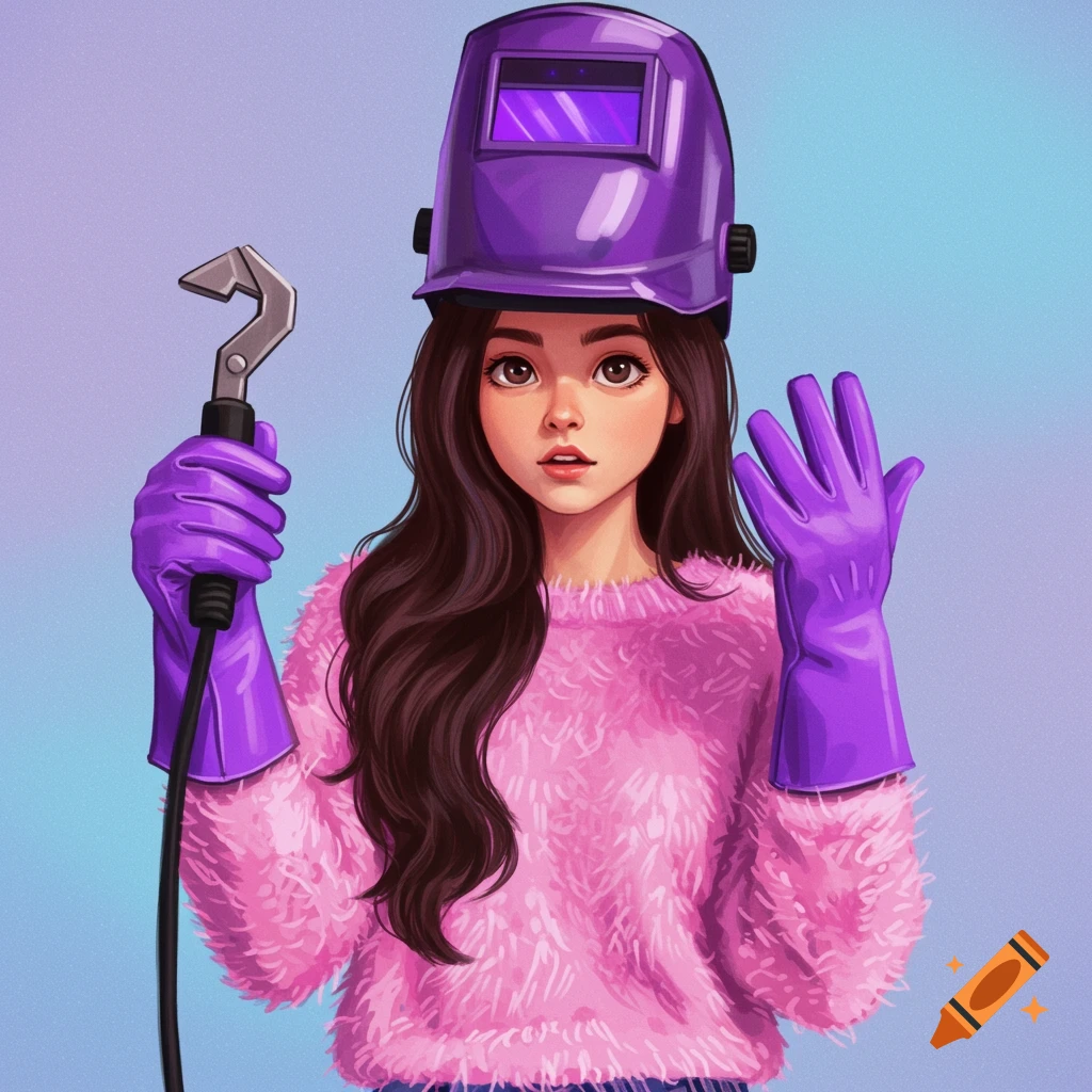 Girl in pink sweater, purple gloves, and welding helmet on Craiyon