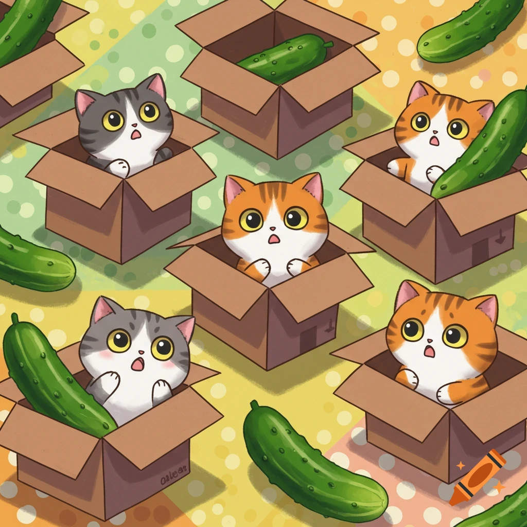 Cats in boxes scared of cucumbers, chibi style on Craiyon