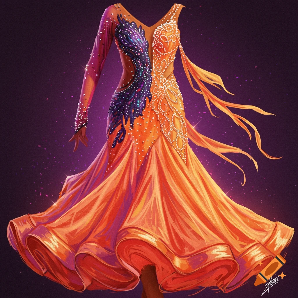 A vibrant orange and purple dance dress adorned with rhinestones. on ...