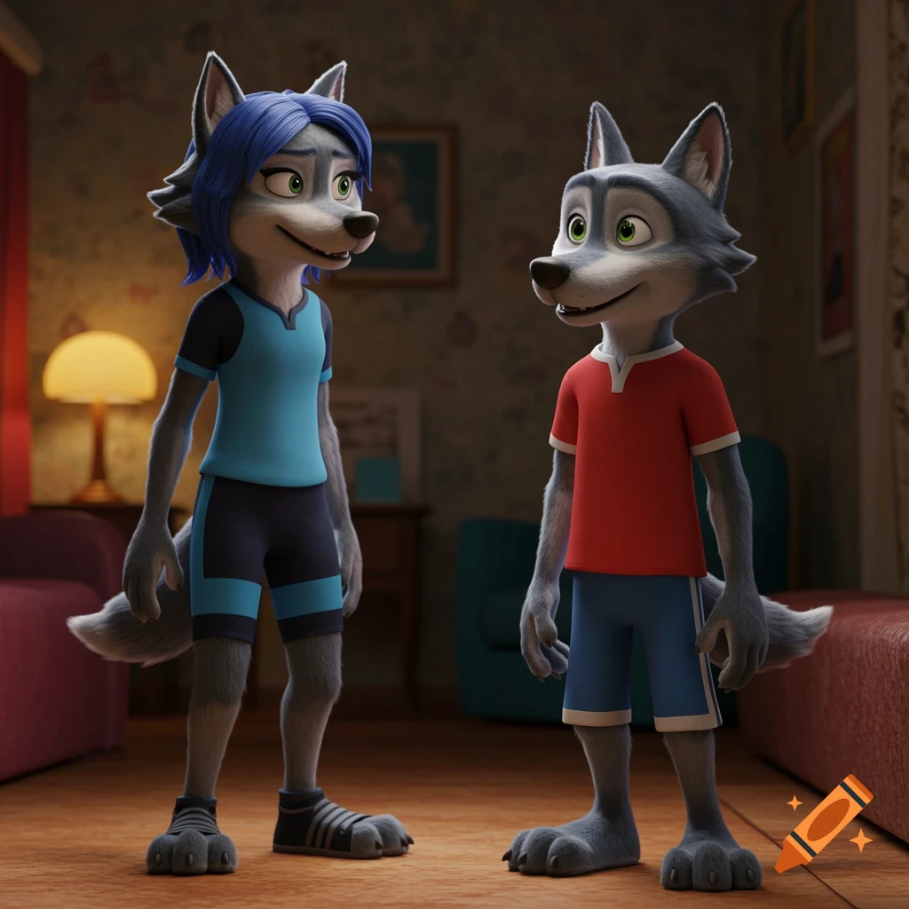 Pixar-style animation of young wolf characters in a Russian apartment on Craiyon
