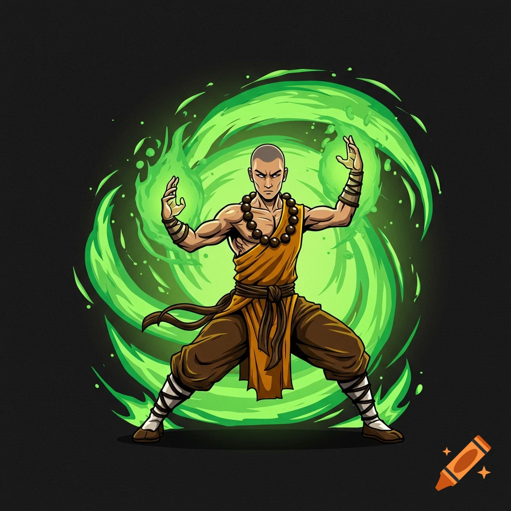 Vector graphic of a Shaolin monk surrounded by green energy on Craiyon