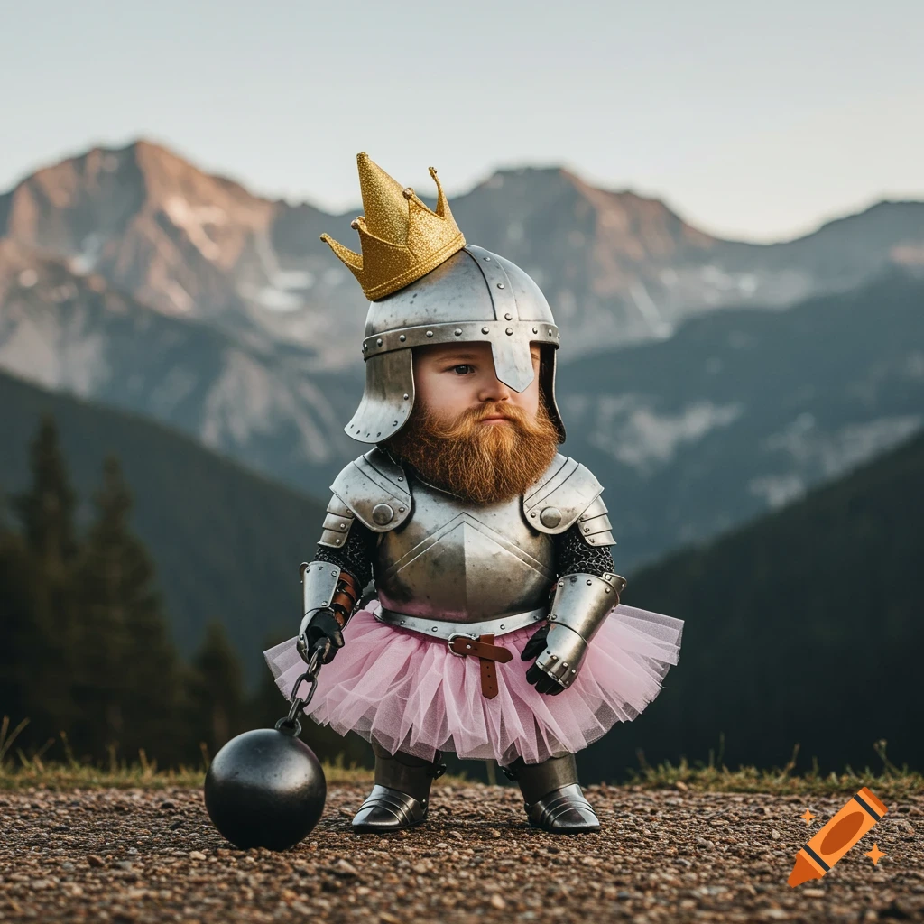 Cute small warrior in metal armor, princess hat, and tutu holding a ...