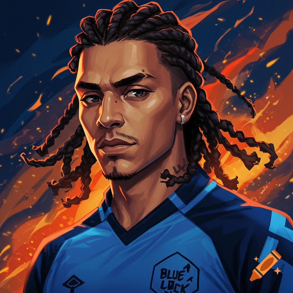 Image of Julian Loki from Blue Lock with braids, wearing a blue soccer ...