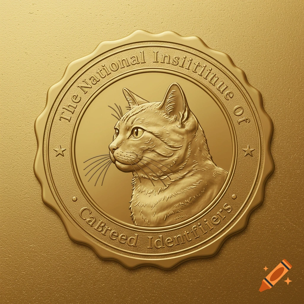 Circular embossed gold seal logo with cat illustration and text: The ...