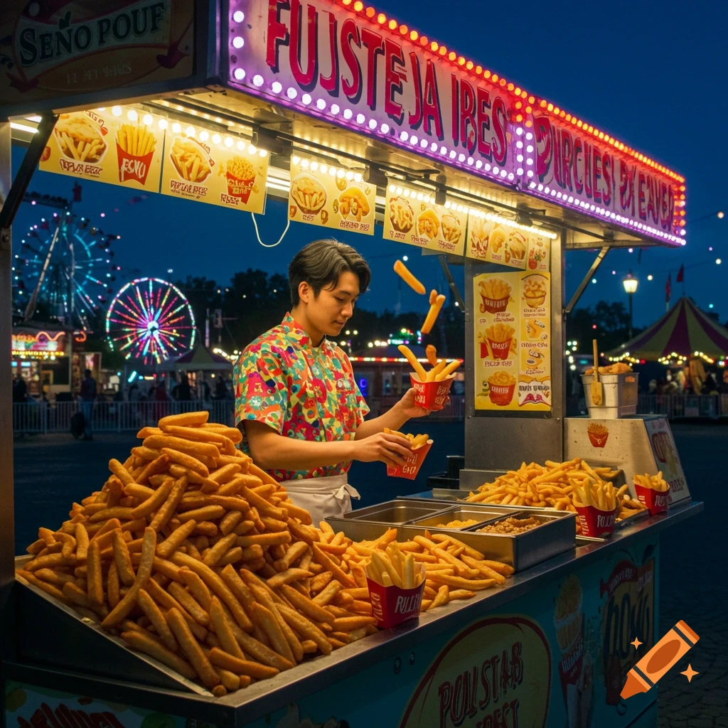 Food stand at an amusement park at night on Craiyon
