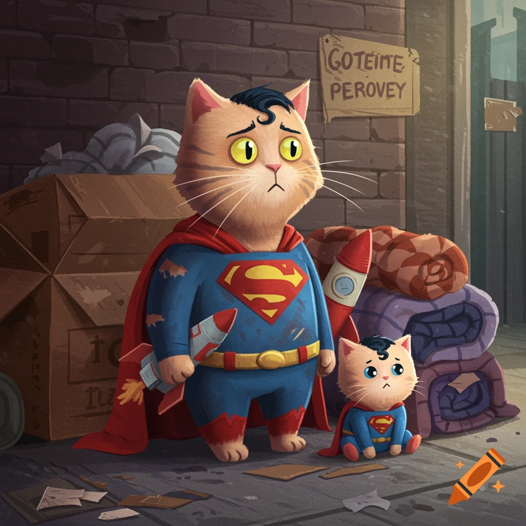 A colorful cartoon shows a cat dentist with toothbrushes, a large cat ...