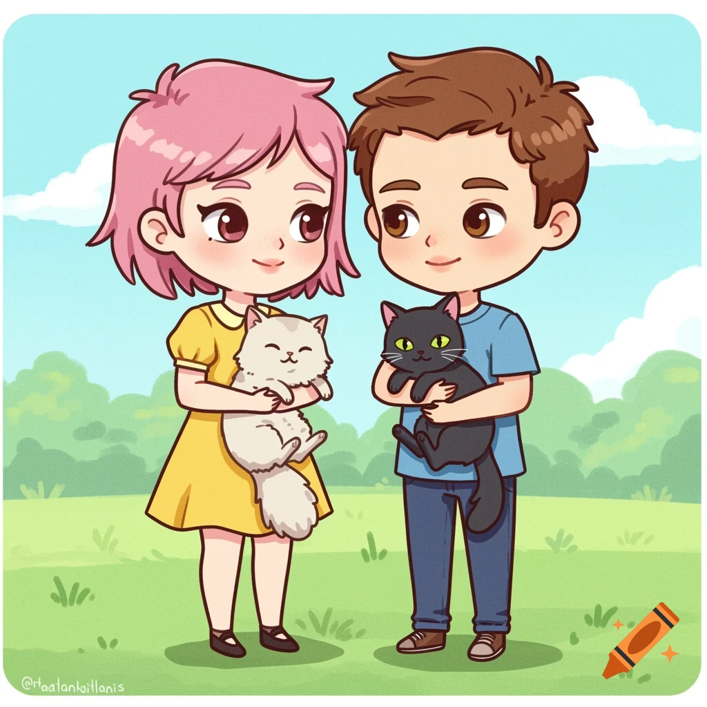 A chibi illustration of a couple holding a white cat and a black cat in ...