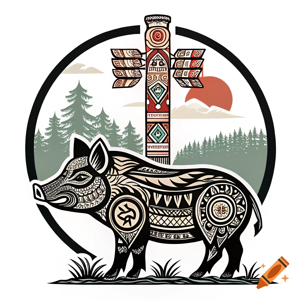 Stylized pig with tribal patterns in front of a totem pole within a ...