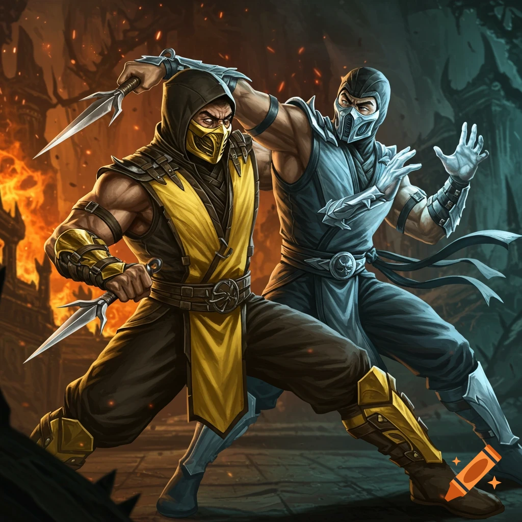 Scorpion and Sub-Zero fighting in ancient ruins. on Craiyon