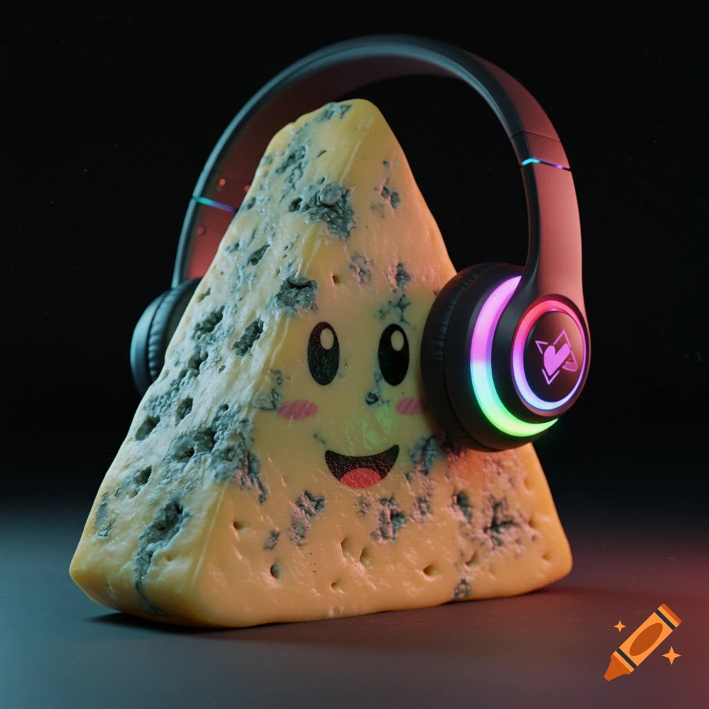 Moldy cheese wedge with smiling face and gaming headset on Craiyon