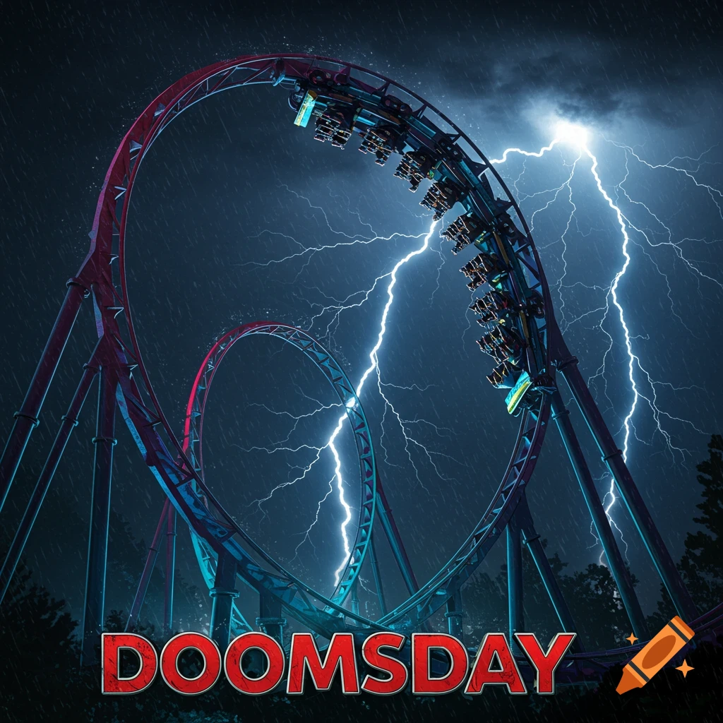 Roller coaster poster ad with lightning and a loop called Doomsday on Craiyon