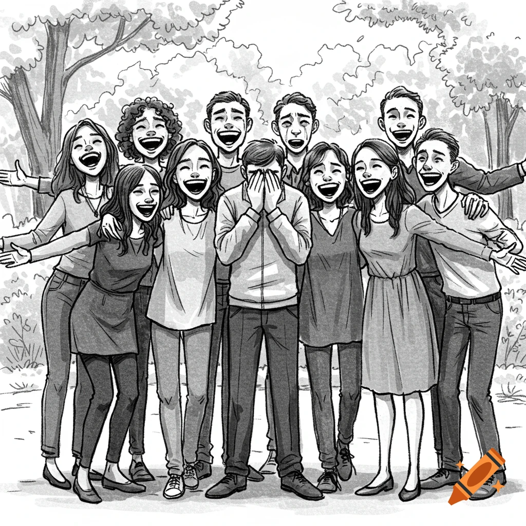 Sketch of a group of happy, laughing people with a crying man in the ...