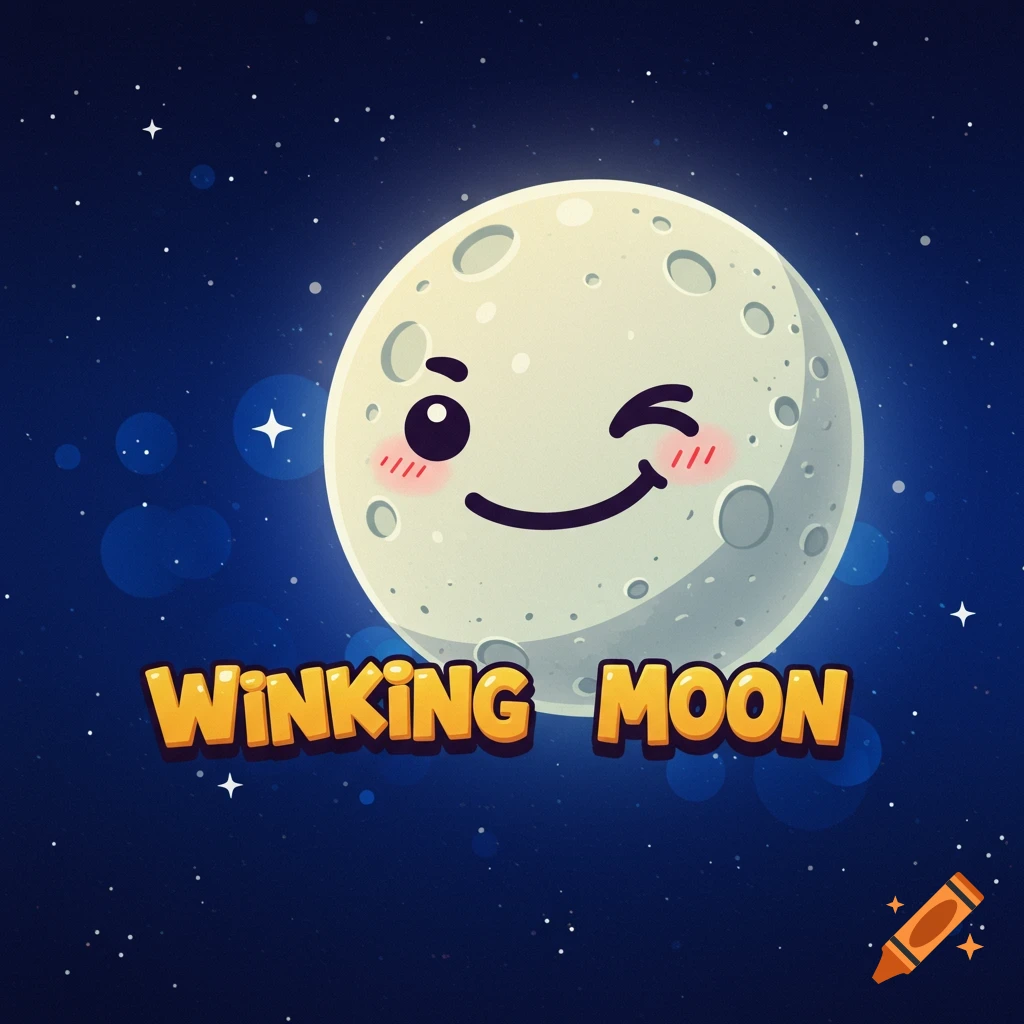 Cartoon moon winking in space with stars and the text WINKING MOON on ...