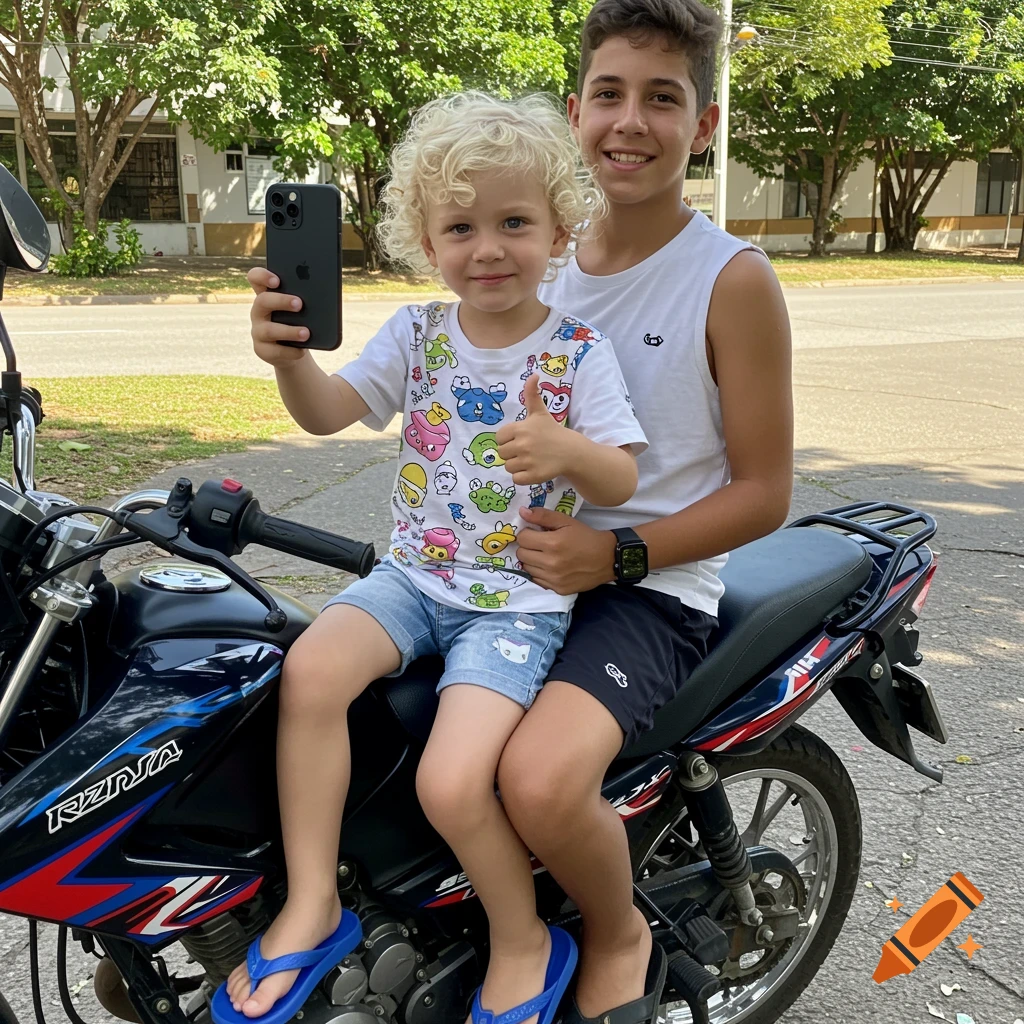 Brazilian toddler on motorcycle with older brother holding iPhone 15 ...