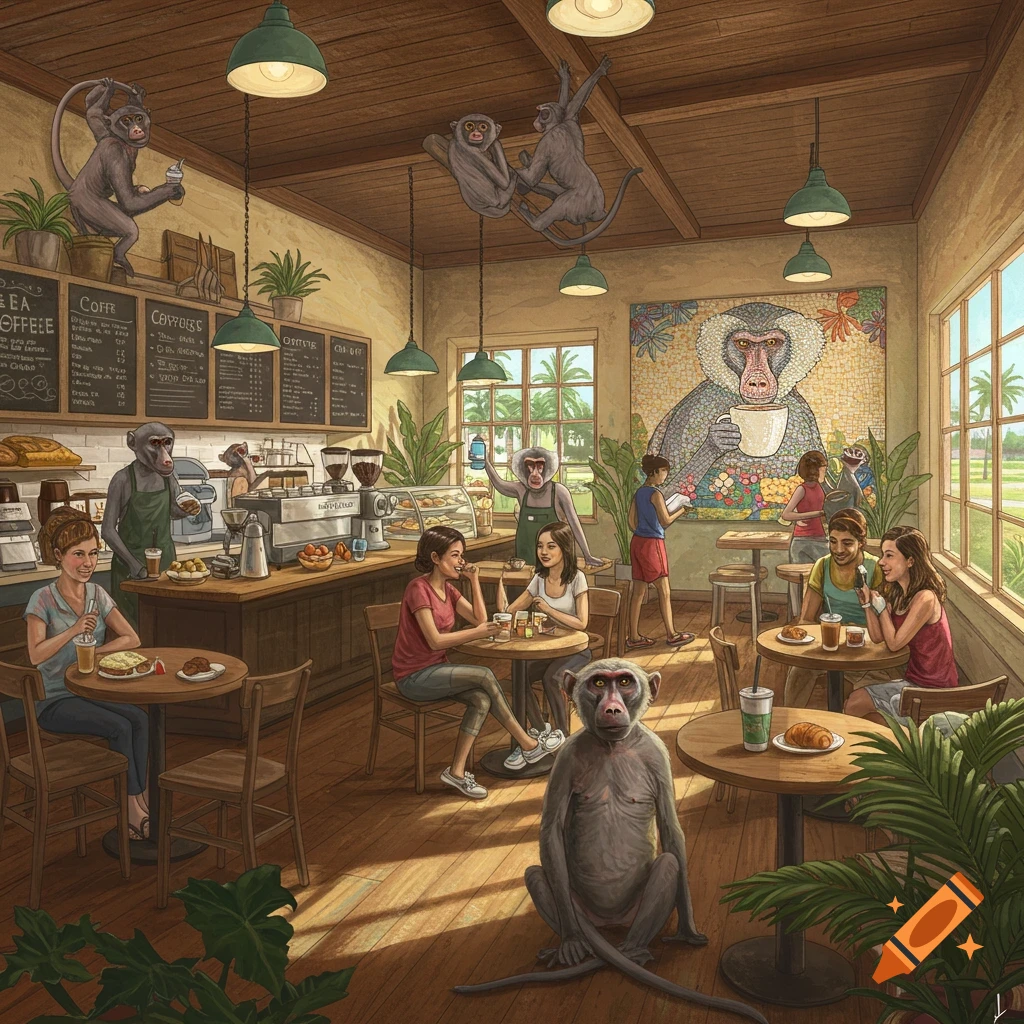 Hairless baboon-themed coffee shop in Florida on Craiyon