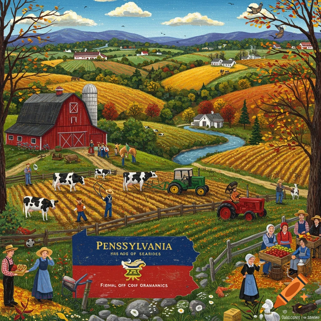 An autumn Pennsylvania farm scene with fields, barn, cows, people, and ...