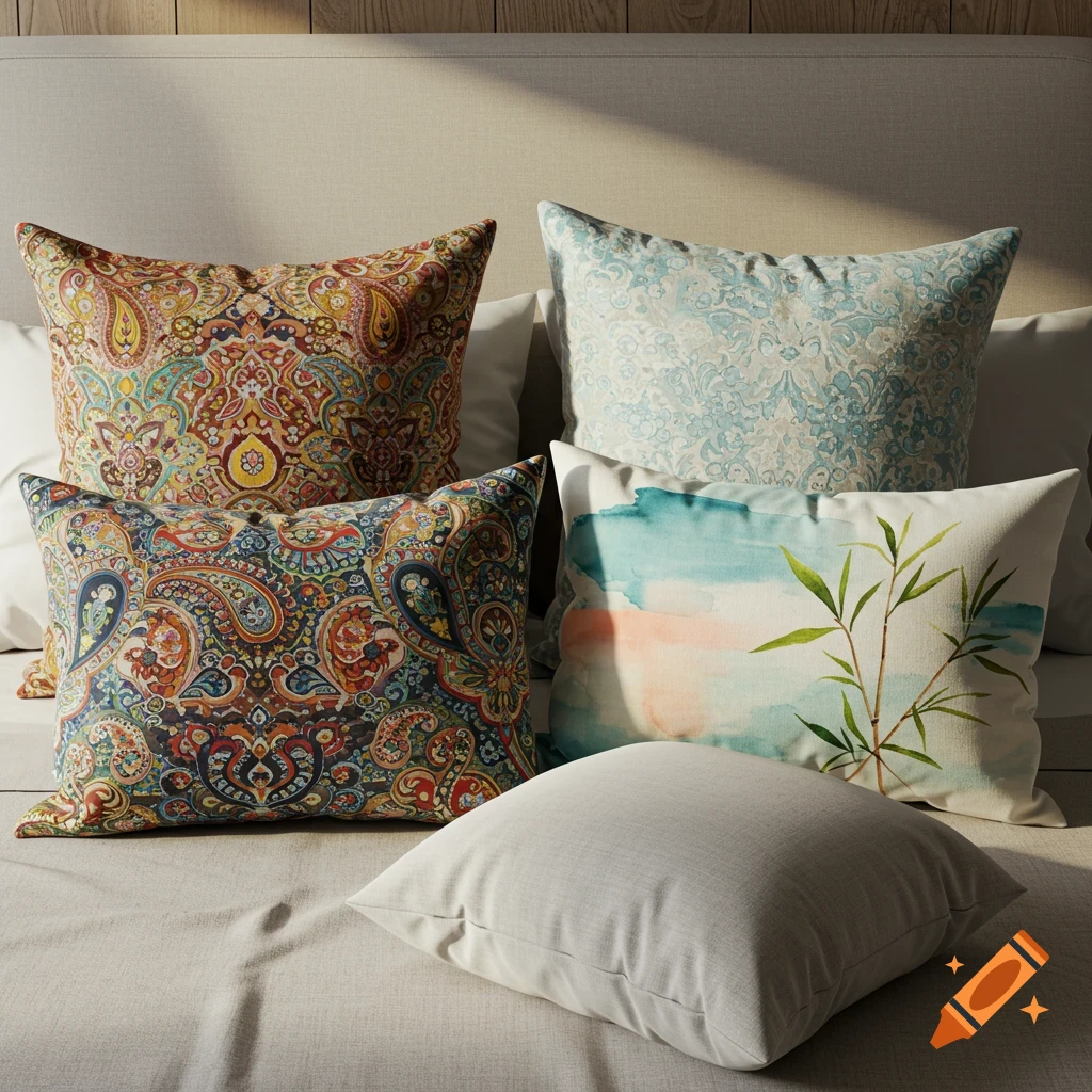Five decorative pillows on Craiyon