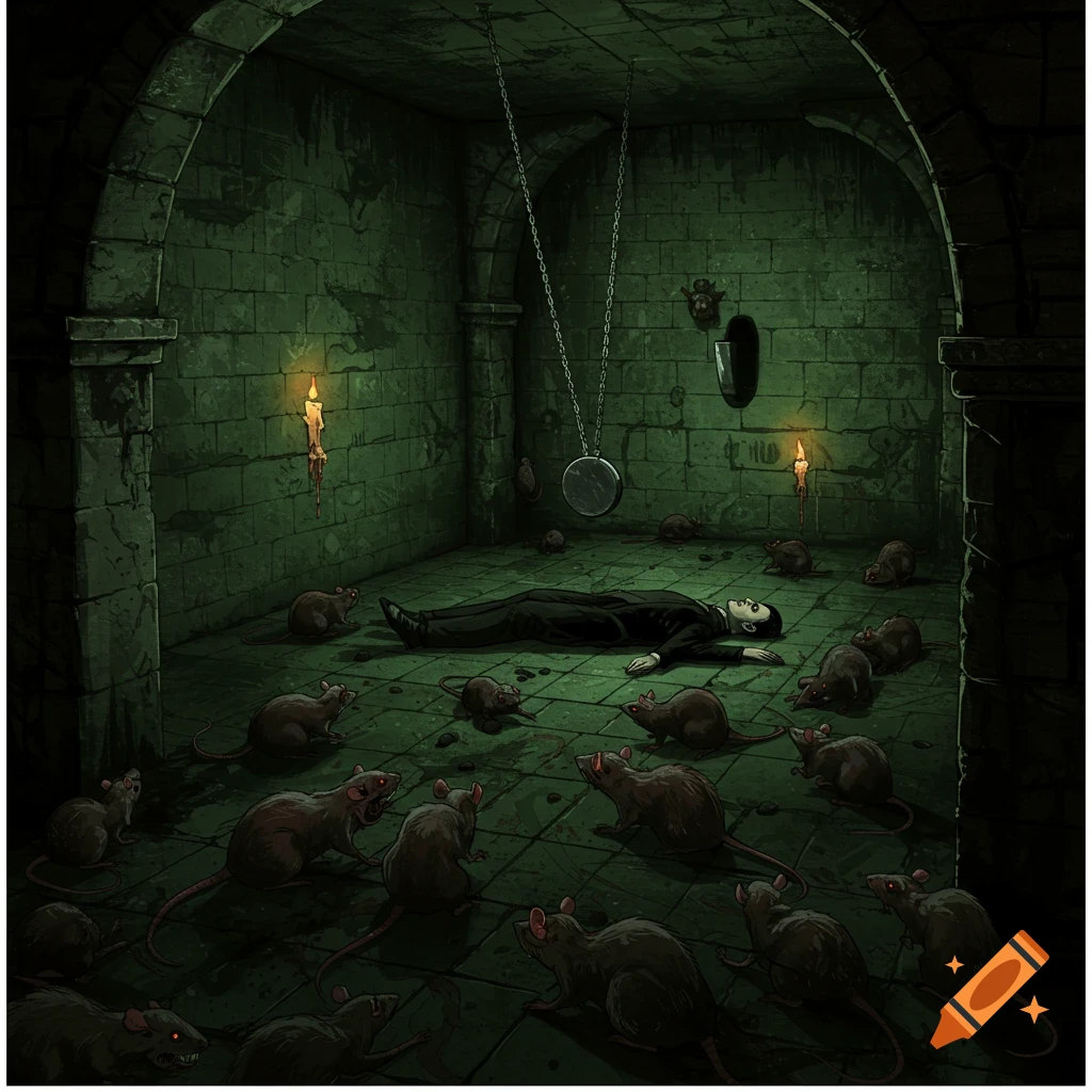 Cell from The Pit and the Pendulum with rats on Craiyon